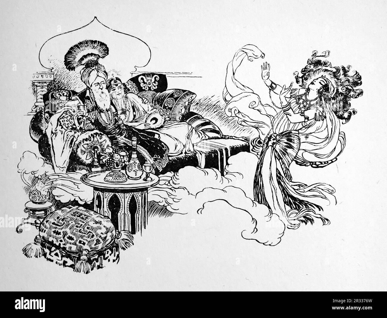 By Rene Bull. Line drawing of a lady with flowing hair watched by the ...