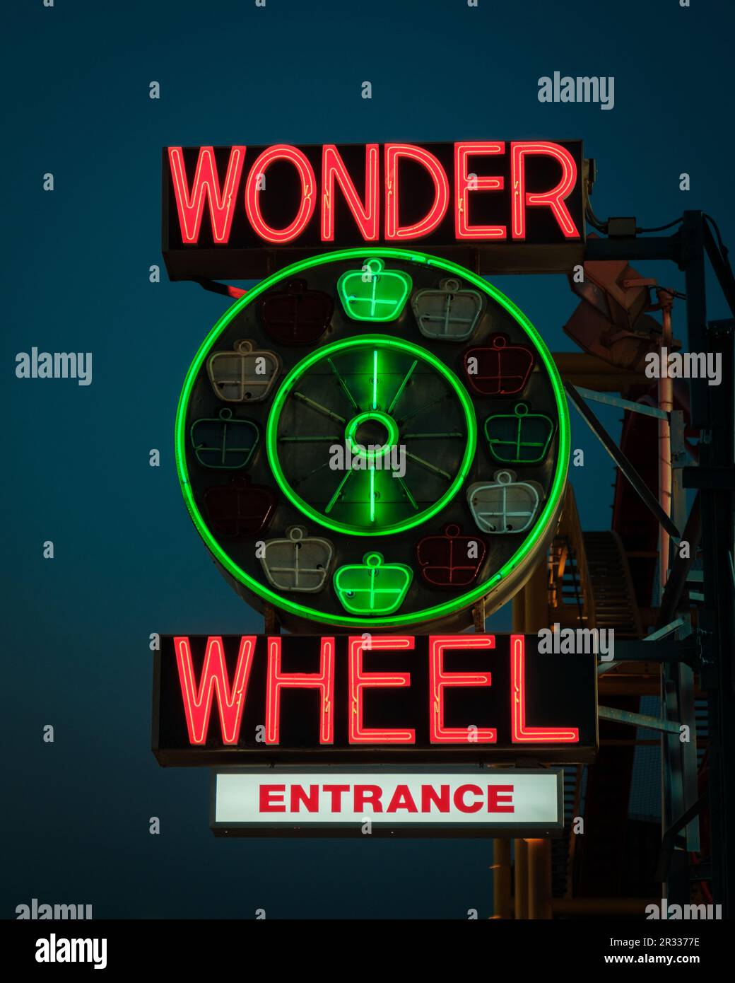 Wonder Wheel neon sign at night in Coney Island, Brooklyn, New York ...