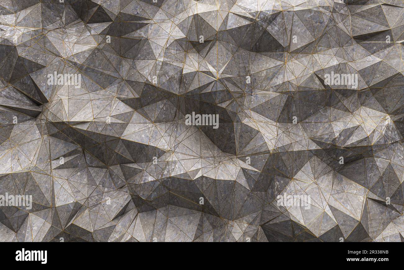 3d render polygonal geometric background in concrete and gold metal ...