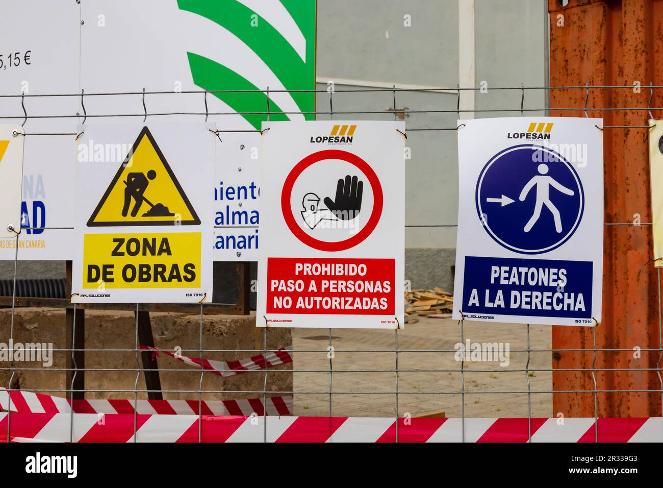 Spanish language danger signs at roadworks, Las Palmas, Gran Canaria ...