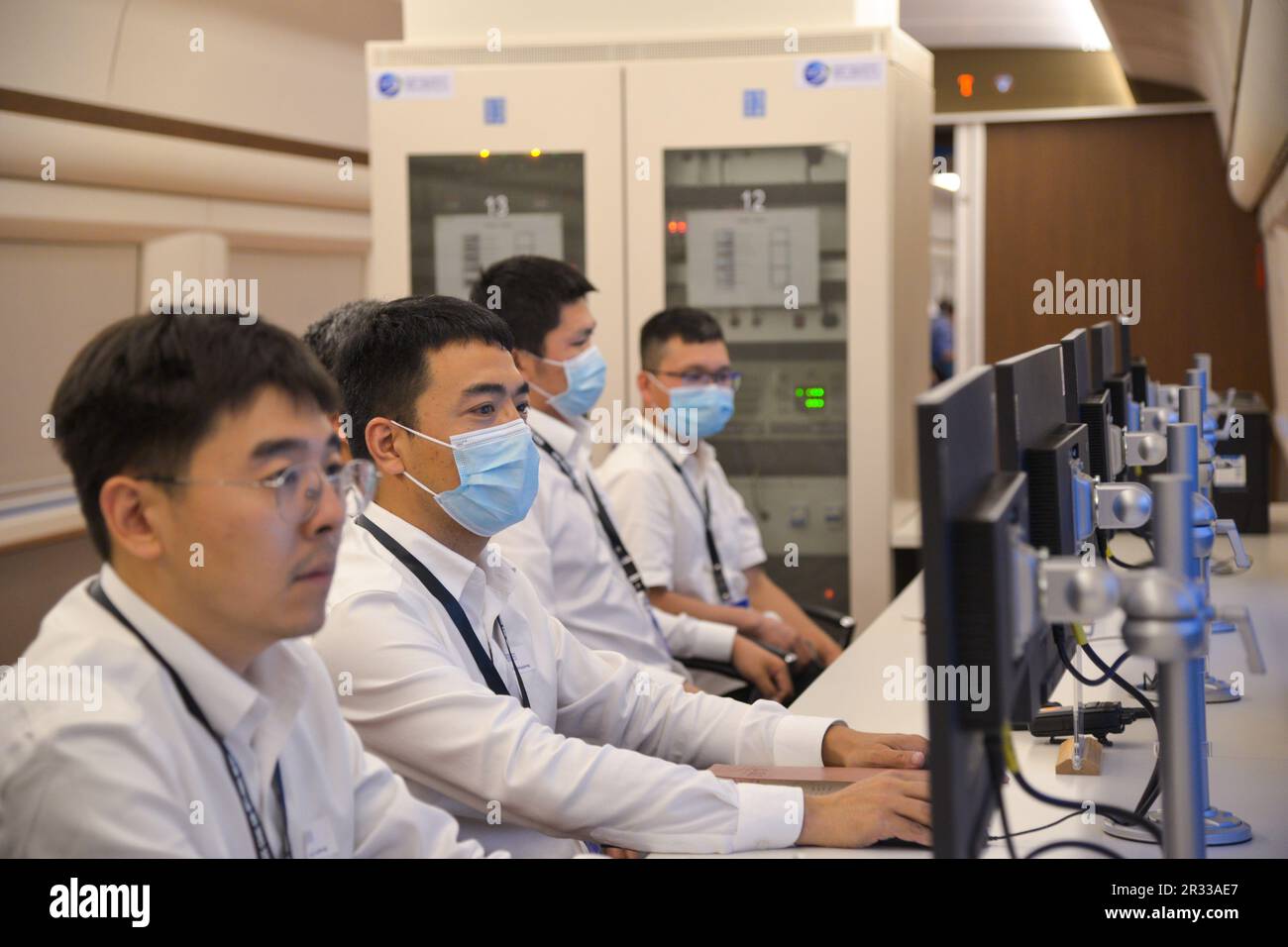 Jakarta. 22nd May, 2023. Engineers conduct catenary testing on the ...
