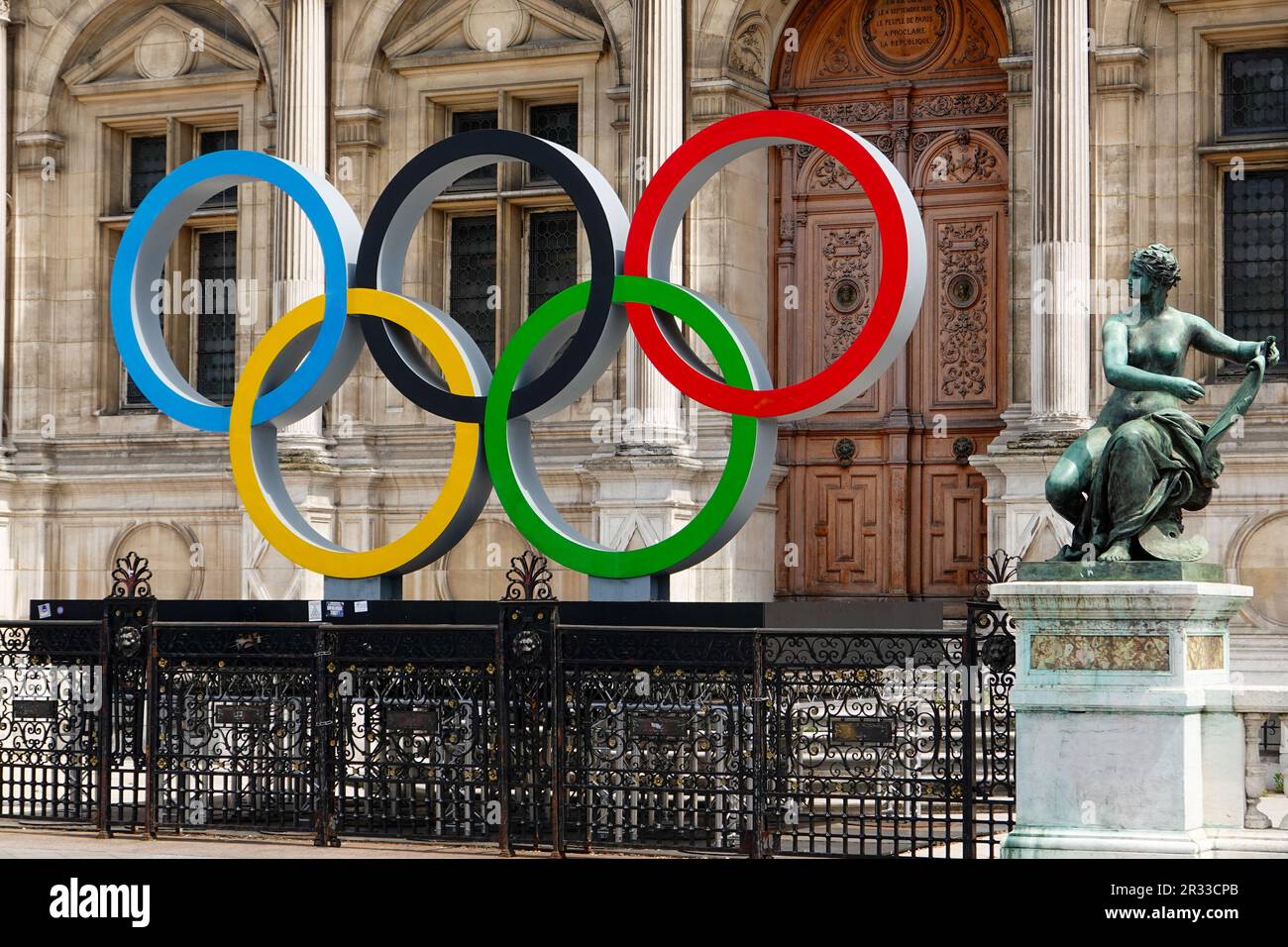 Olympic rings, Olympic symbols, in front of City Hall, Hotel de Ville ...