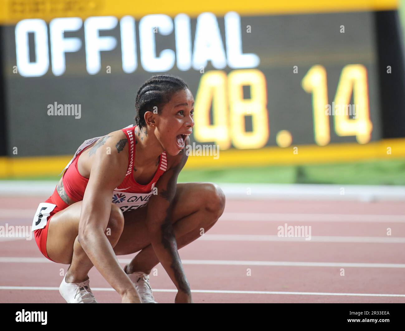 Salwa Eid Naser winning the 400m at the 2019 World Athletics ...