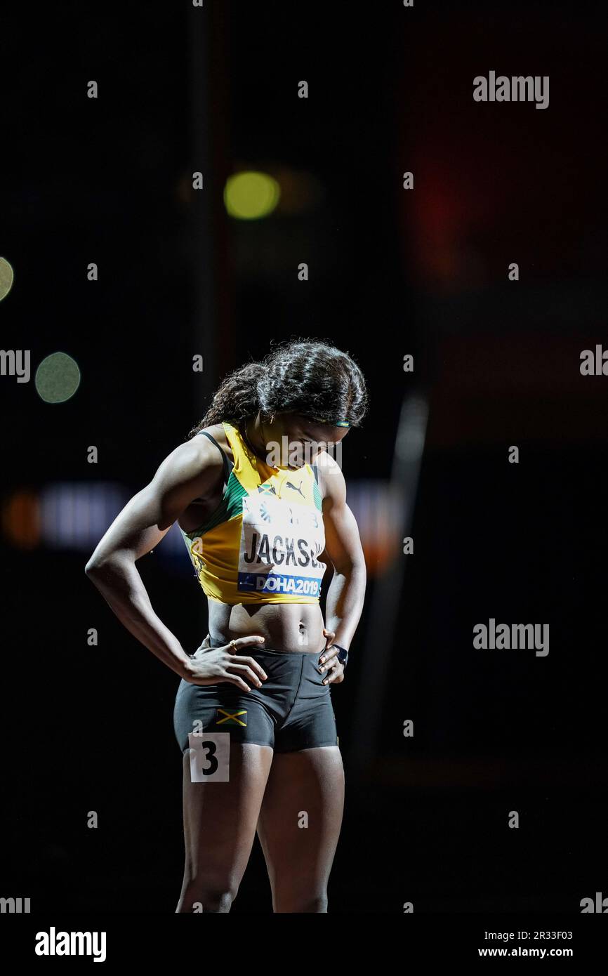 Shericka Jackson running the 400m at the 2019 World Athletics ...