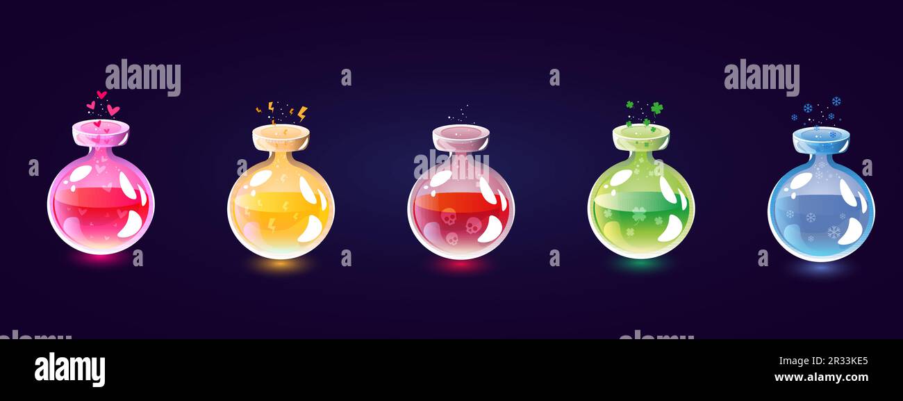 bottles of frost energy love potions of good luck and poison Stock ...