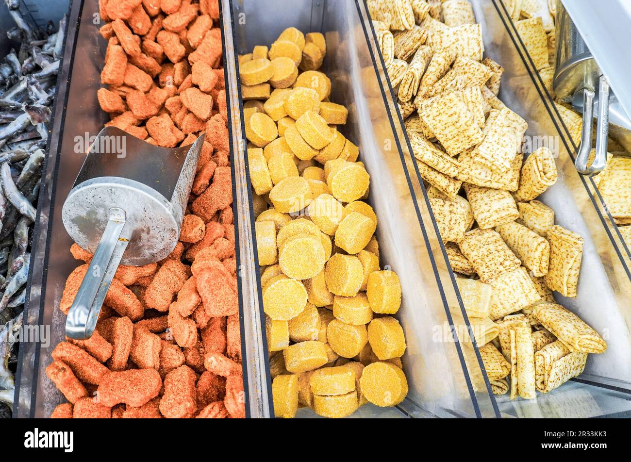 Sale of frozen semi-finished products in a grocery store close up Stock ...