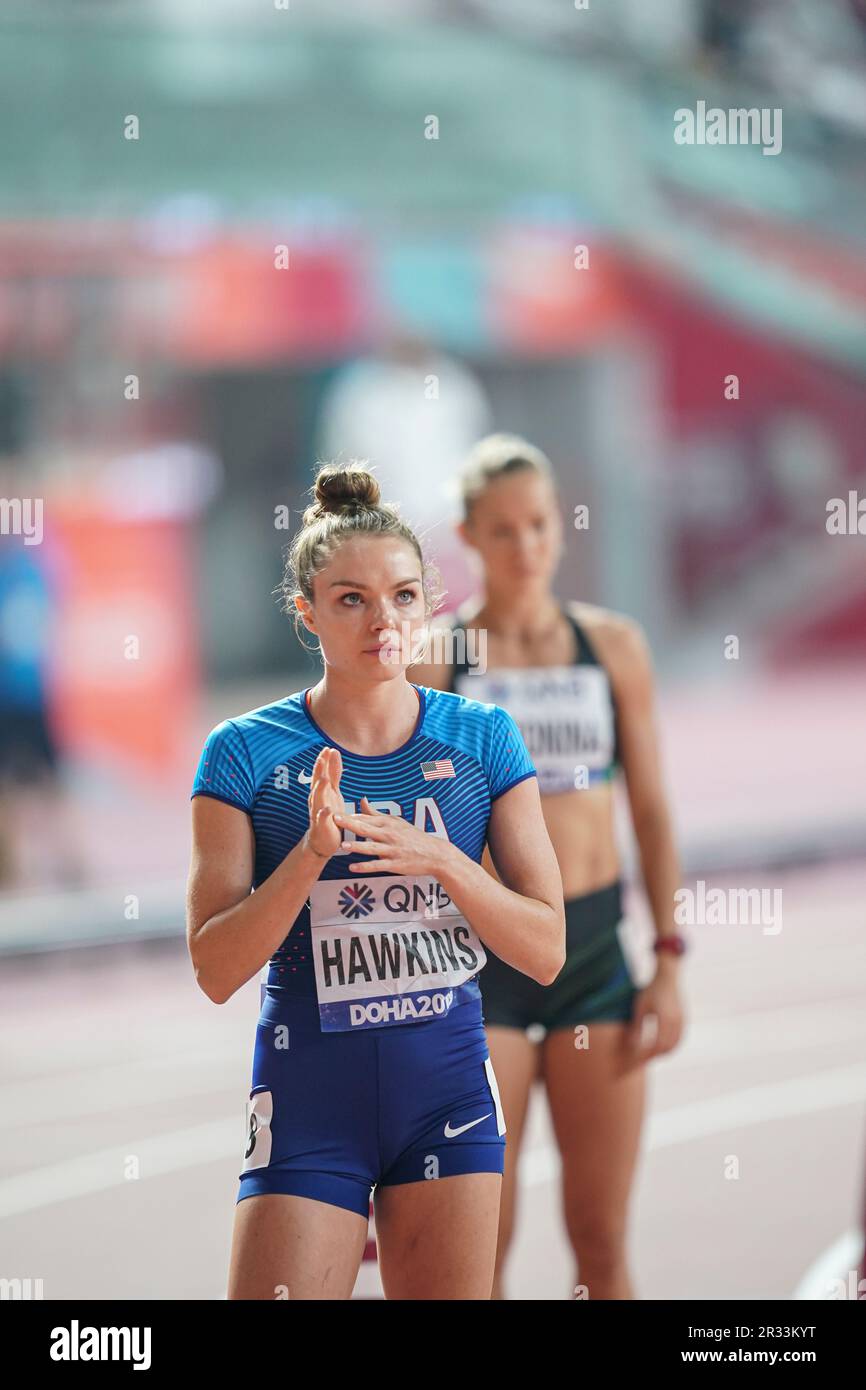 Chari Hawkins participating in the heptathlon 800m at the 2019 World ...