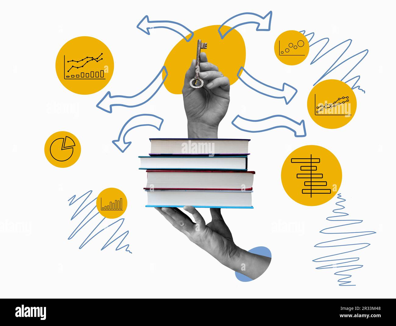 Collage with a hand holding a book and a key as a symbol of knowledge ...