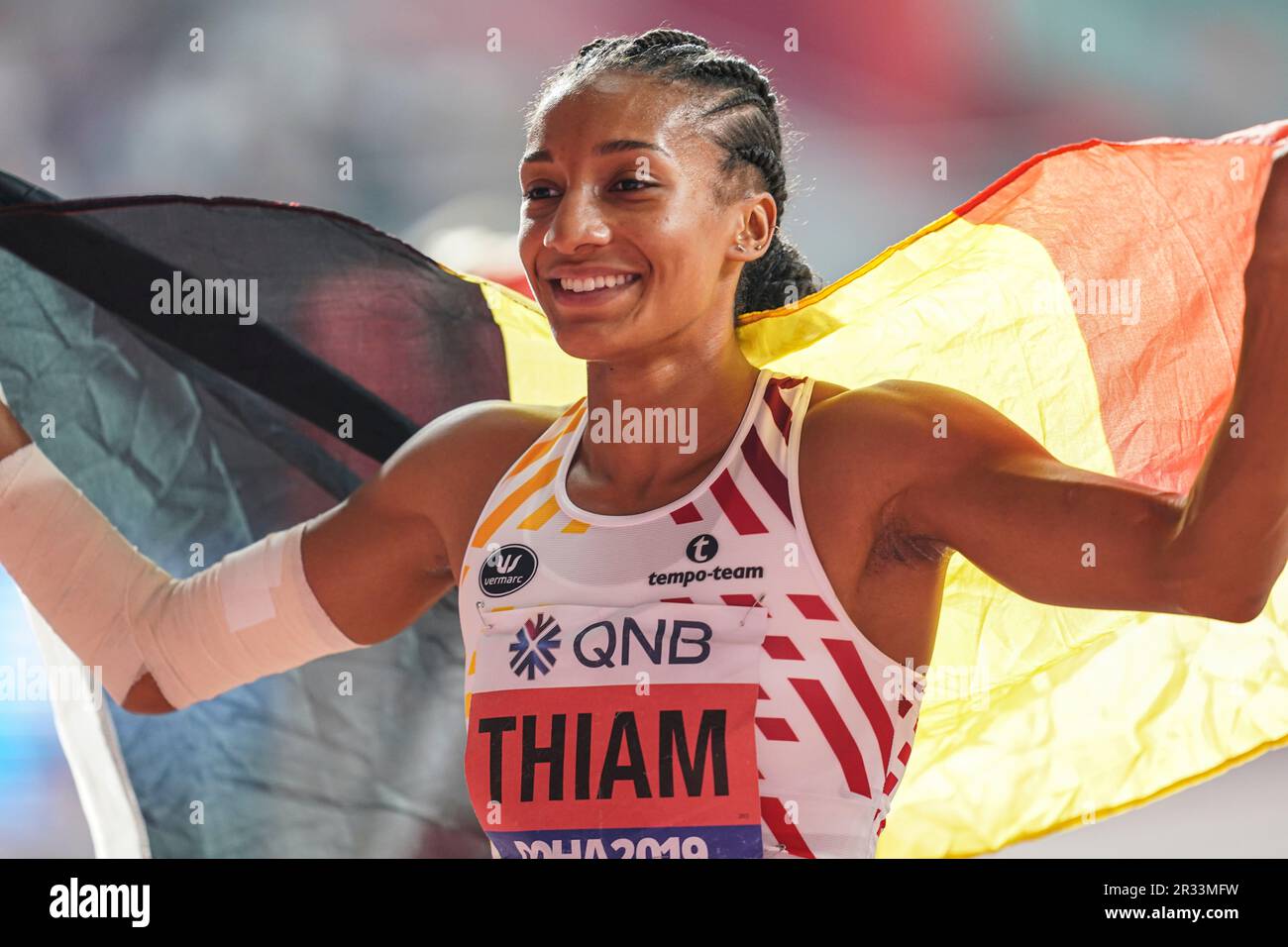 Nafissatou Thiam with his country's flag in the 800m at the 2019 World ...