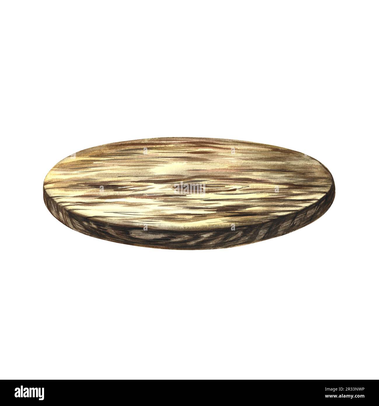 Wooden cutting board, round. Isolate on white background. Watercolor ...