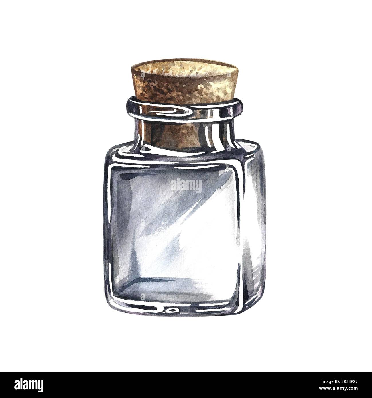 Empty glass vial with cork. Isolate on white background. Watercolor ...