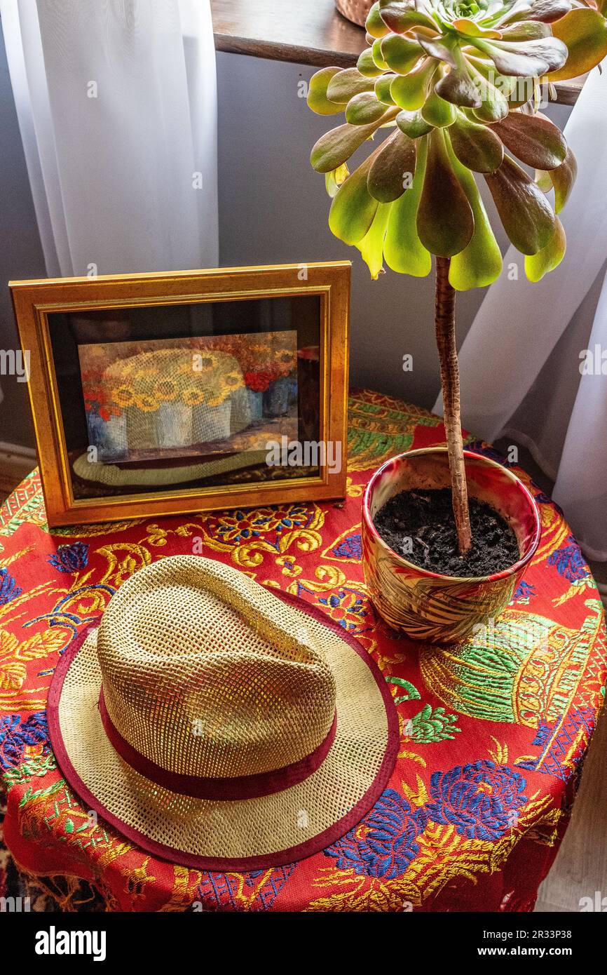 Still life panama hat, colourful tablecloth, exotic plant and selection ...