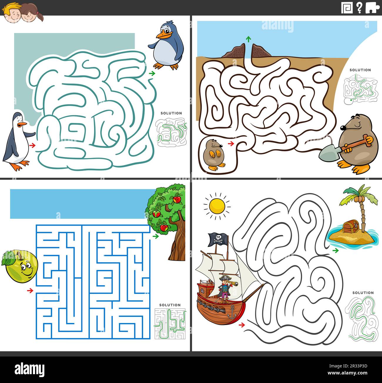Cartoon illustration of educational maze puzzle games set with comic ...