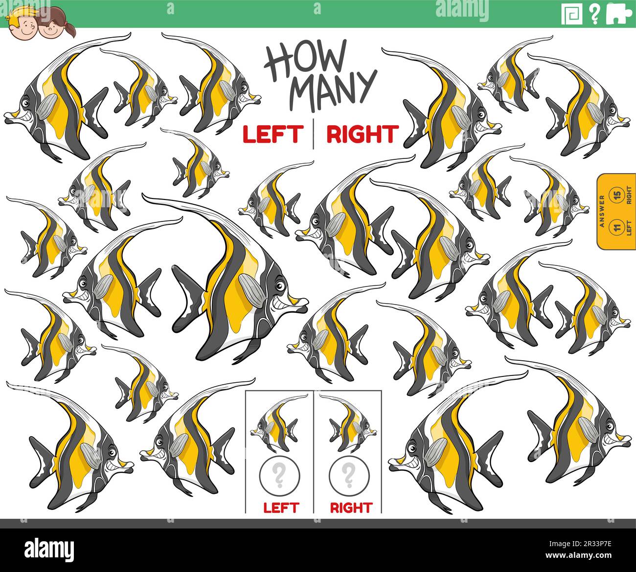 Cartoon illustration of educational game of counting left and right oriented pictures of a fish ...