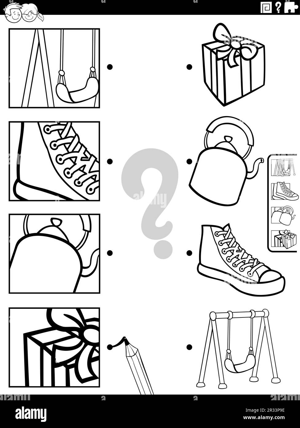 Black and white cartoon illustration of educational matching game with ...