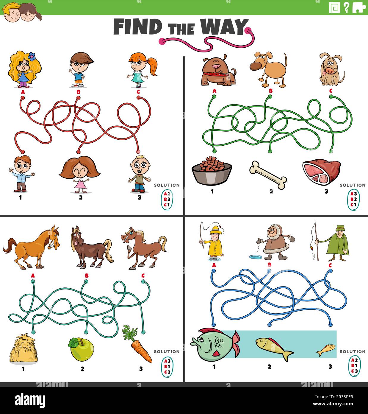 Cartoon illustration of find the way maze puzzle games set with comic ...