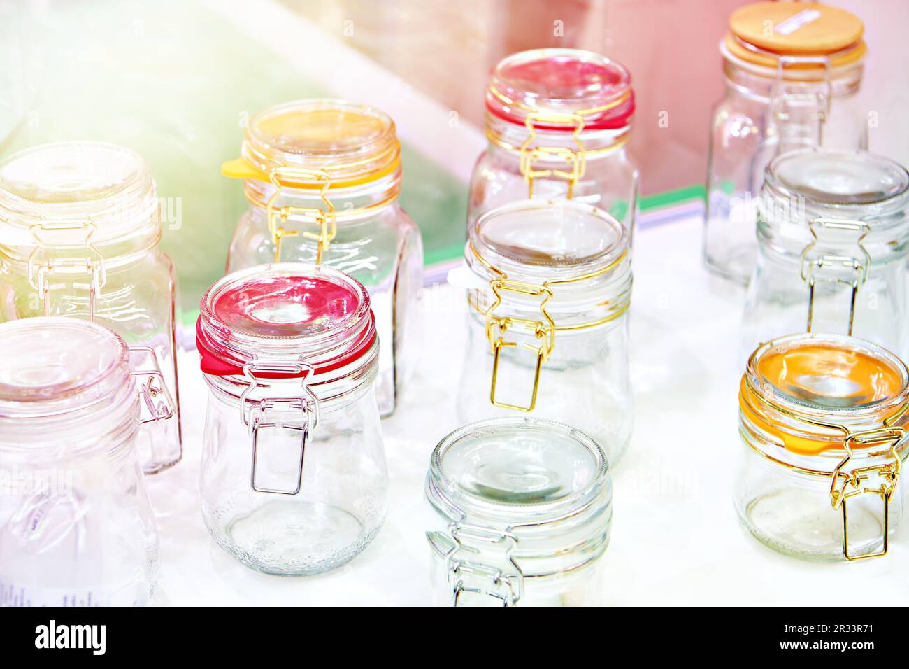 Glass jars for bulk products in shop Stock Photo - Alamy
