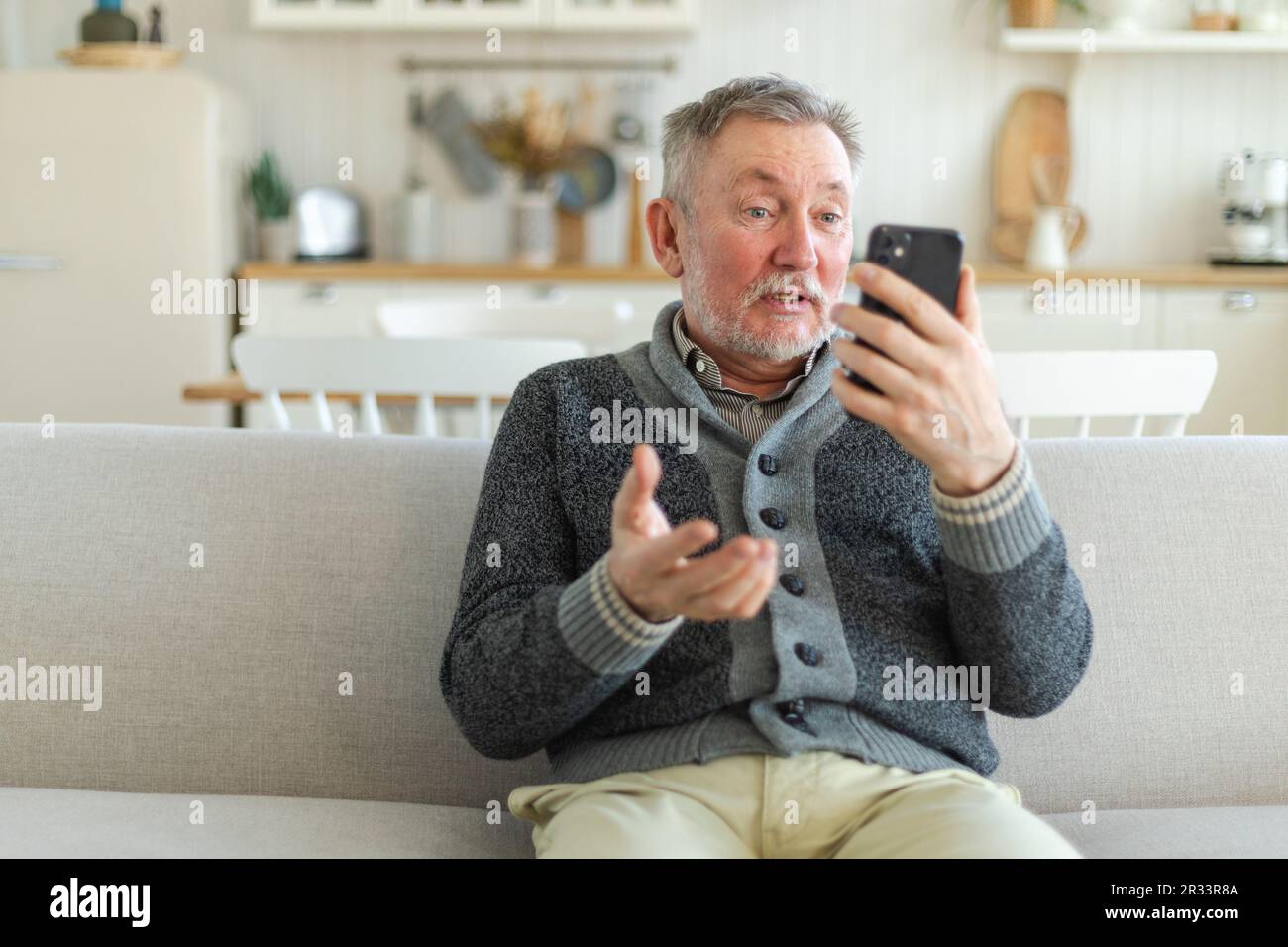 Happy middle aged senior man talk on video call with friends family ...