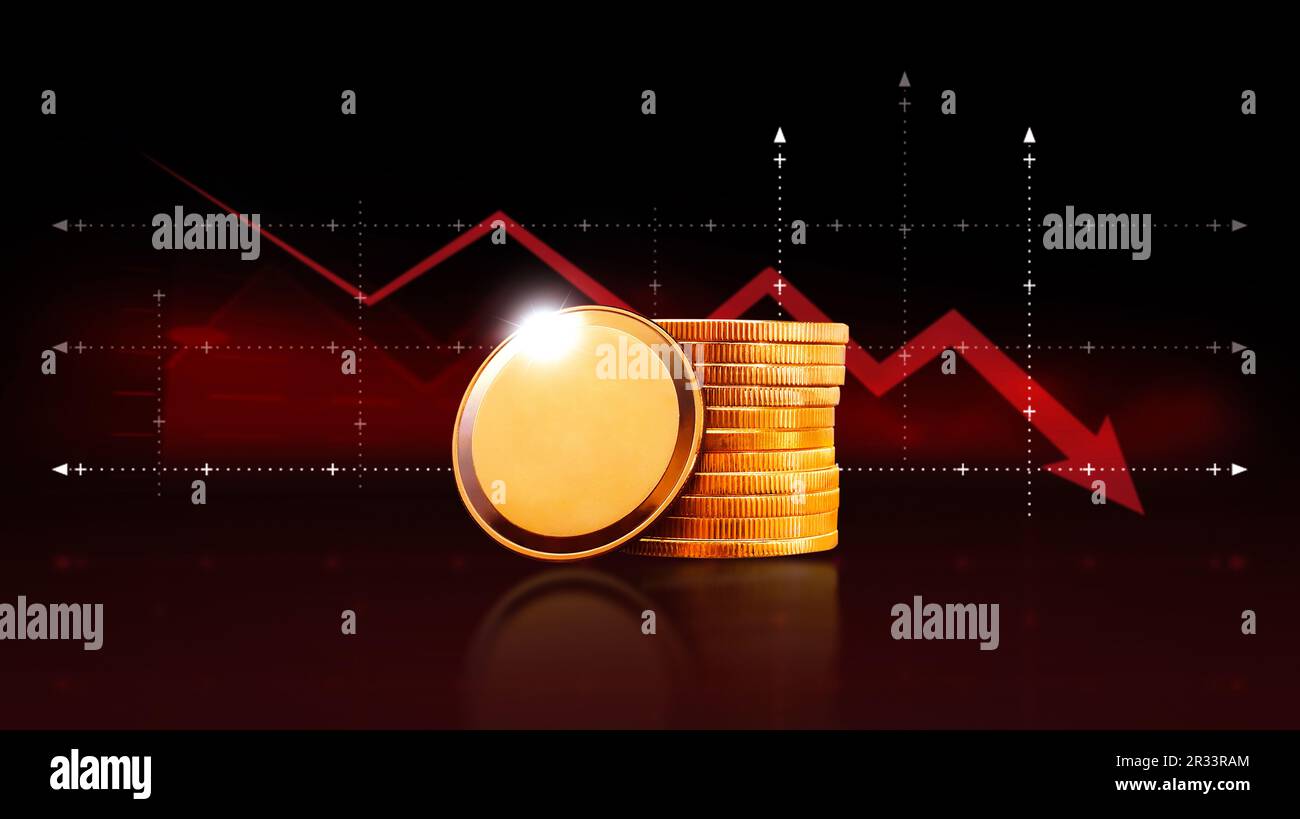 Blank gold coins and red arrows down, currency value crisis and graph ...