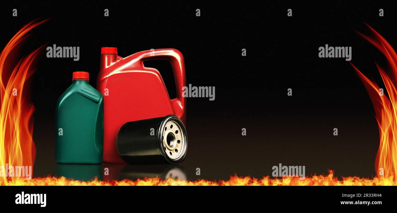 Motor oil canister with oil filter and fire on black background with ...