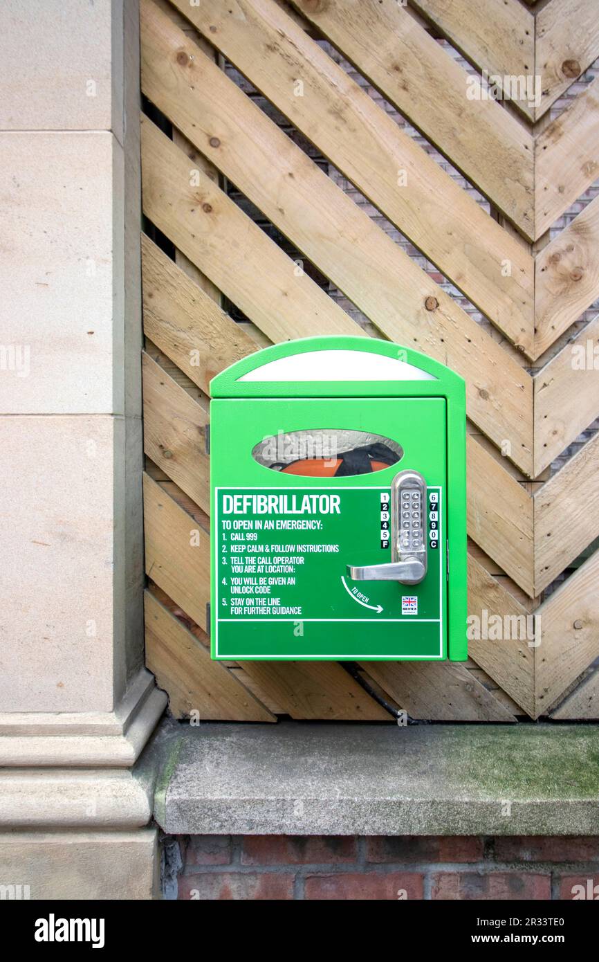 green defibrillator defib machine newcastle Stock Photo - Alamy