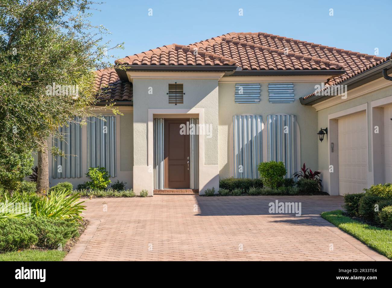 Exterior of newly built modern luxury house in suburban neighborhood ...