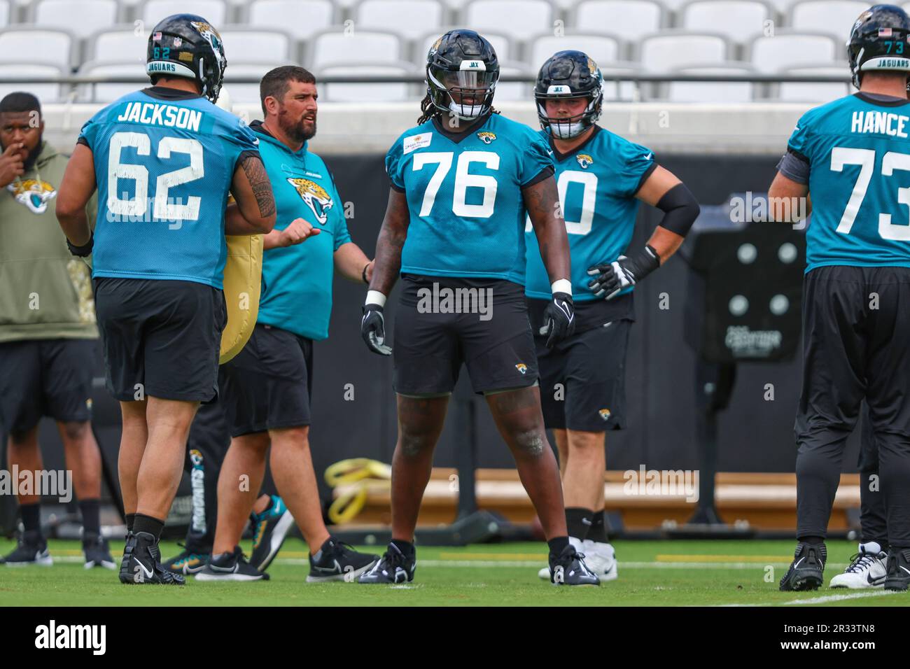 Jacksonville Jaguars offensive tackle Anton Harrison (76) practices during the NFL football team ...