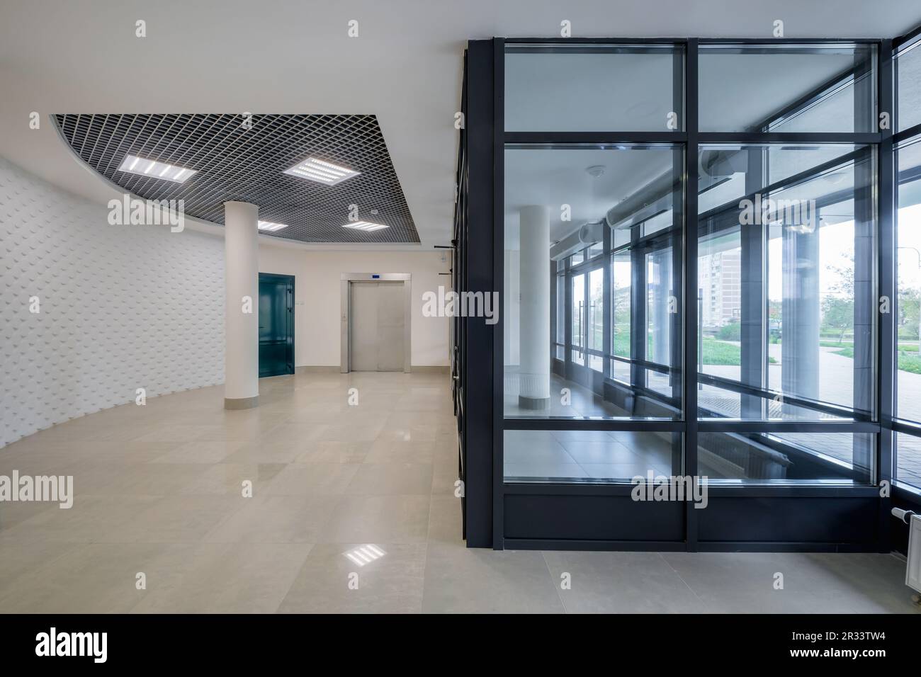 empty modern hall room with columns, doors and panoramic windows Stock ...