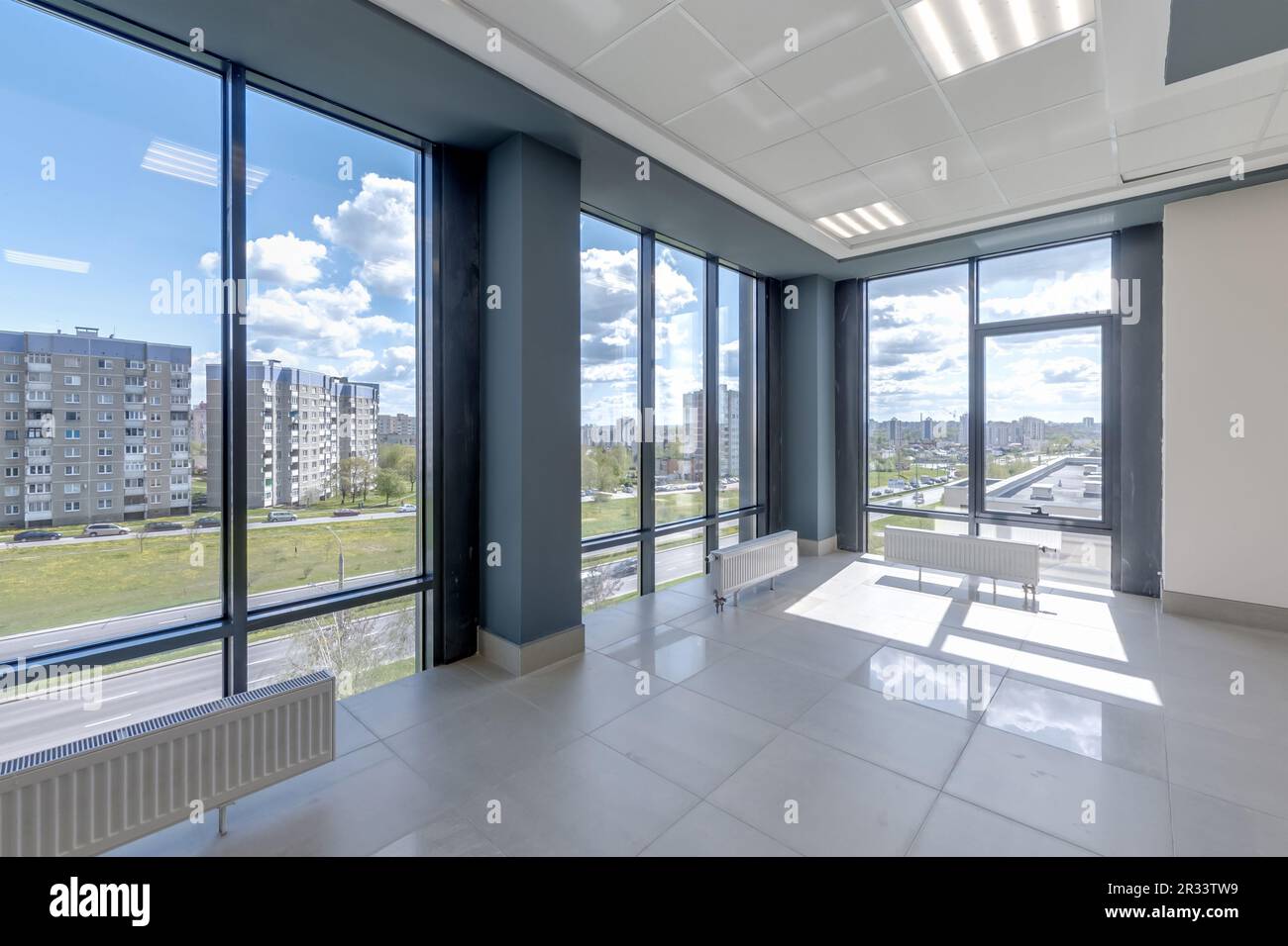 empty modern hall room with columns, doors and panoramic windows Stock ...