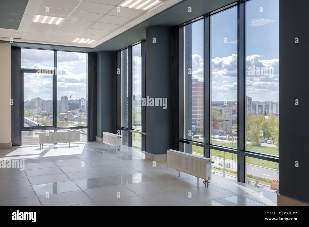 empty modern hall room with columns, doors and panoramic windows Stock ...