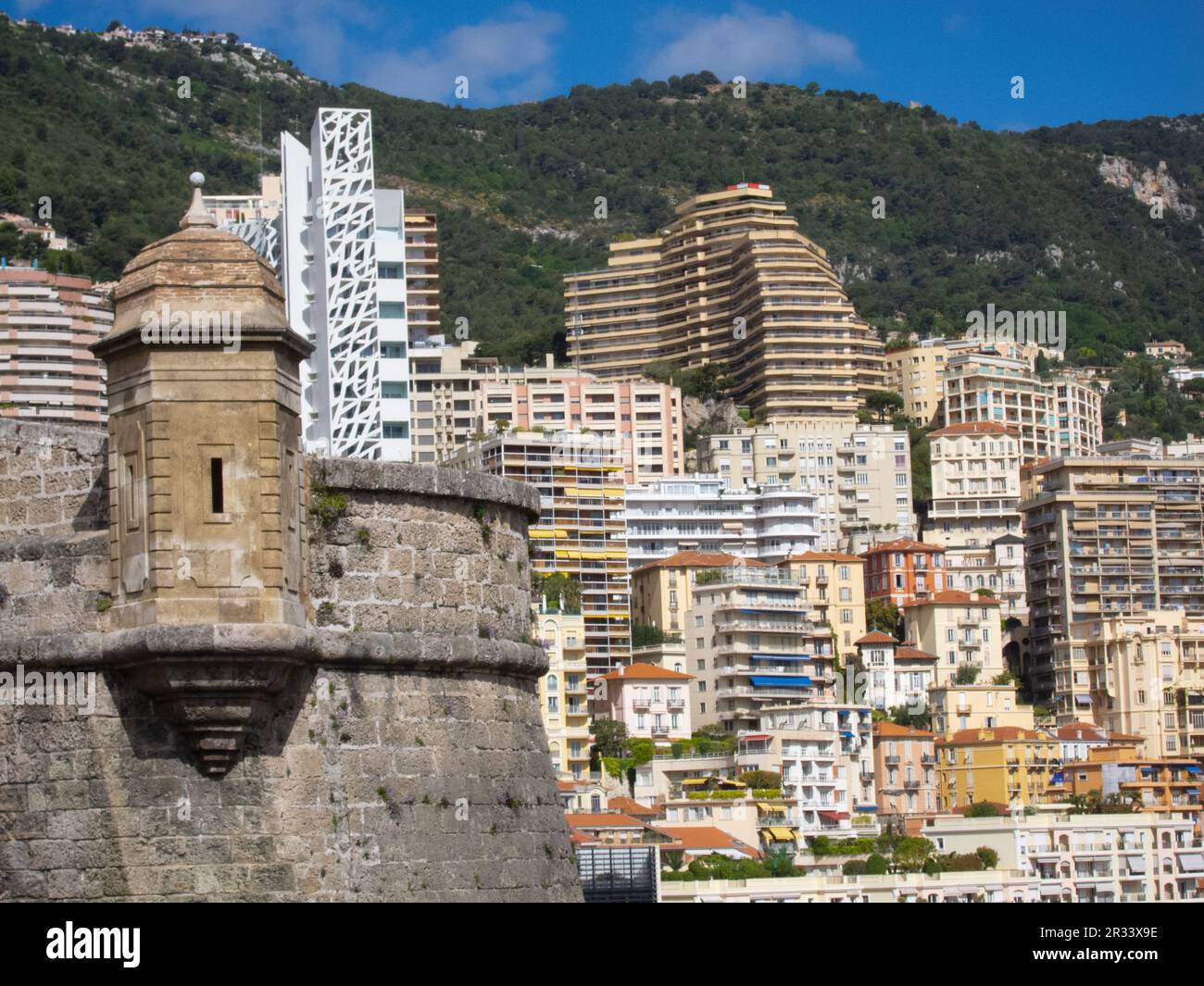 Fort Antoine turret with modern buildings in the background. Monaco ...