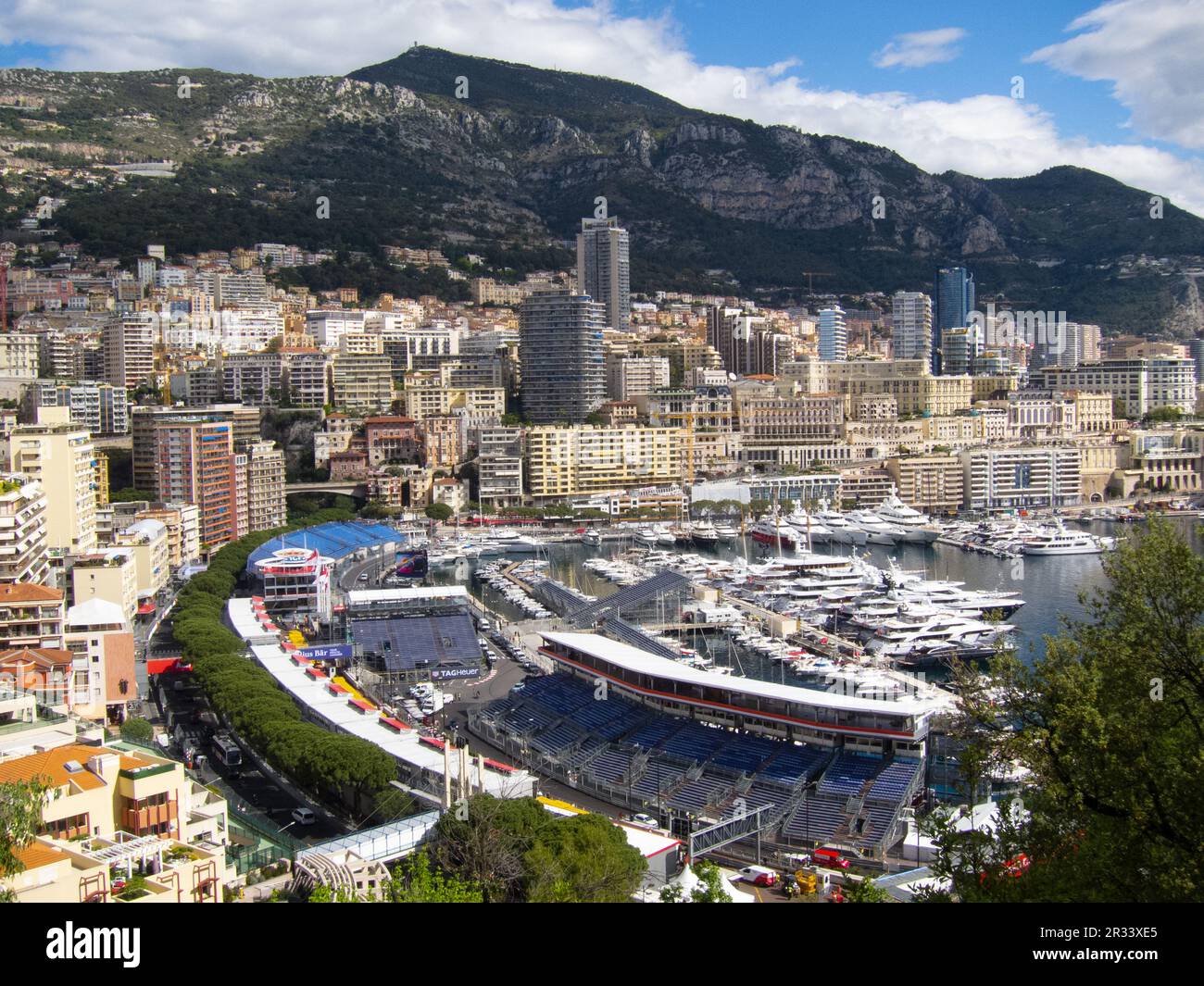 Monte Carlo racetrack in the foreground, & Monaco coastline, yachts ...