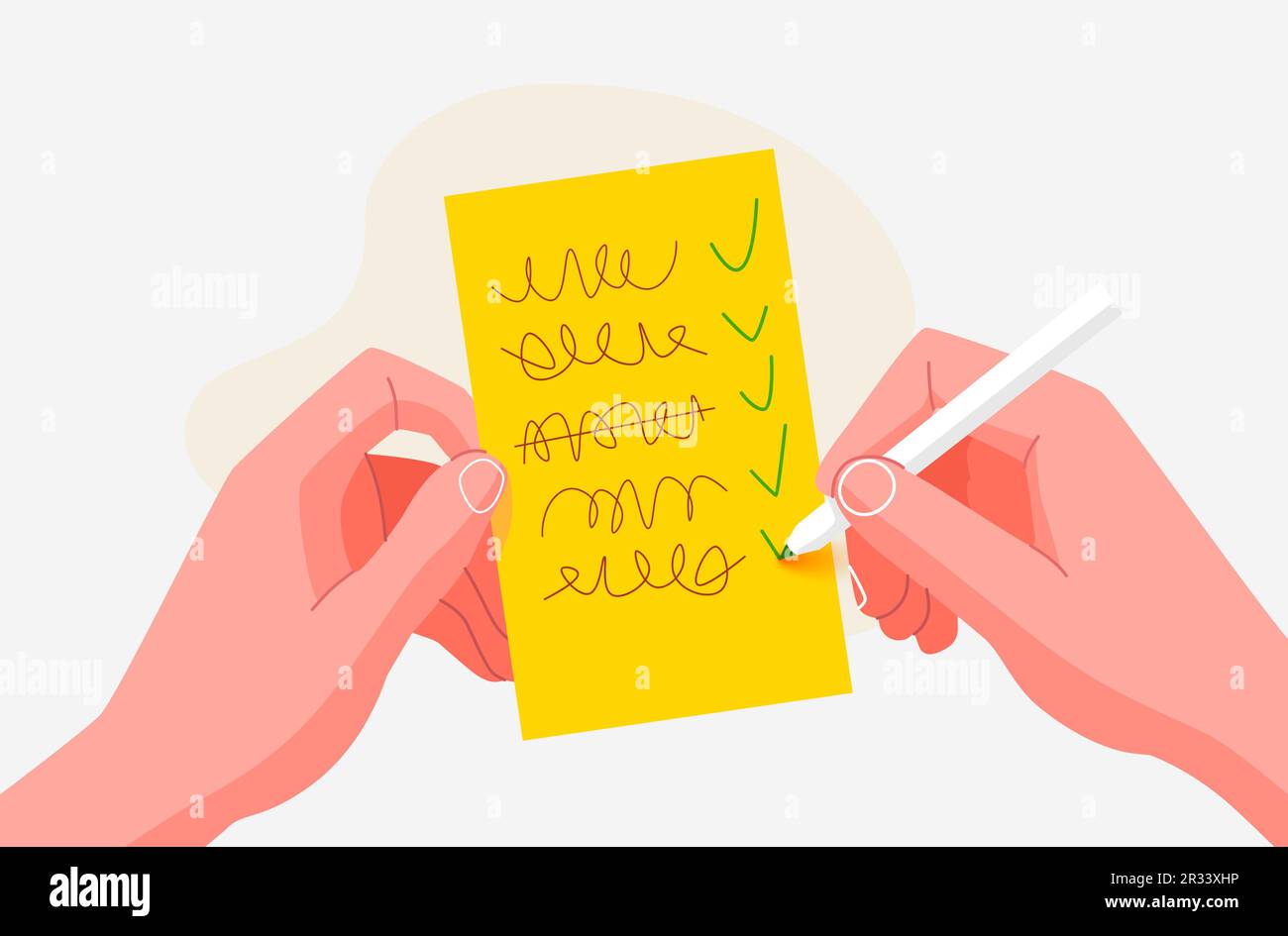 Hand makes a to-do list on yellow paper. Reminder sticker. Modern flat ...