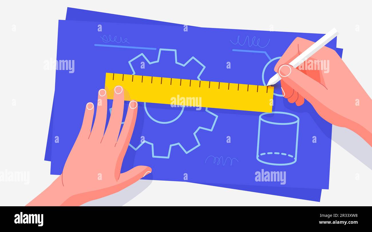 Hands create a blueprint with a pencil. Engineer concept. Vector ...
