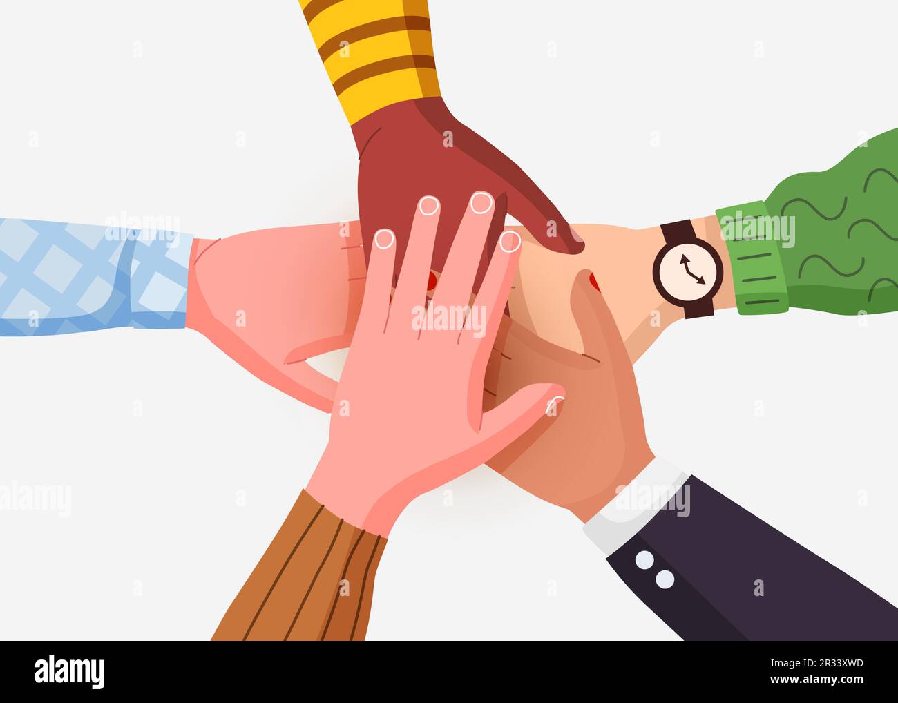 Multiethnic hands are folded together. Friendship, unity and ...