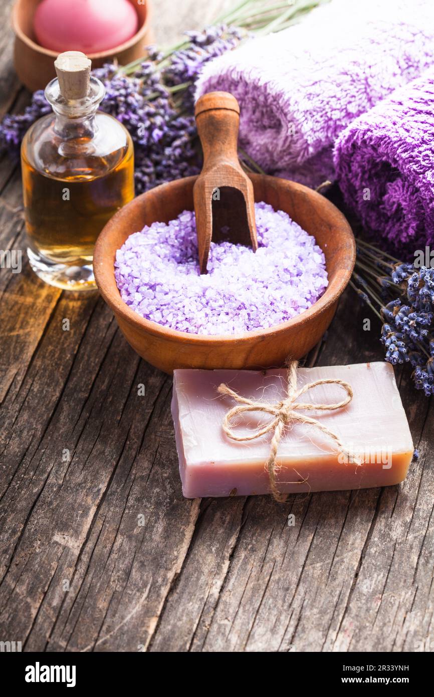 Bottle towel lavender oil hi-res stock photography and images - Alamy