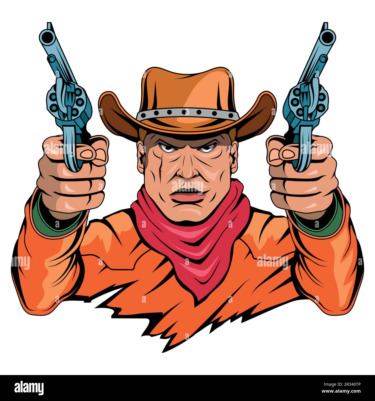 Cowboy with revolvers. Vector illustration of a wild west bandit with a ...