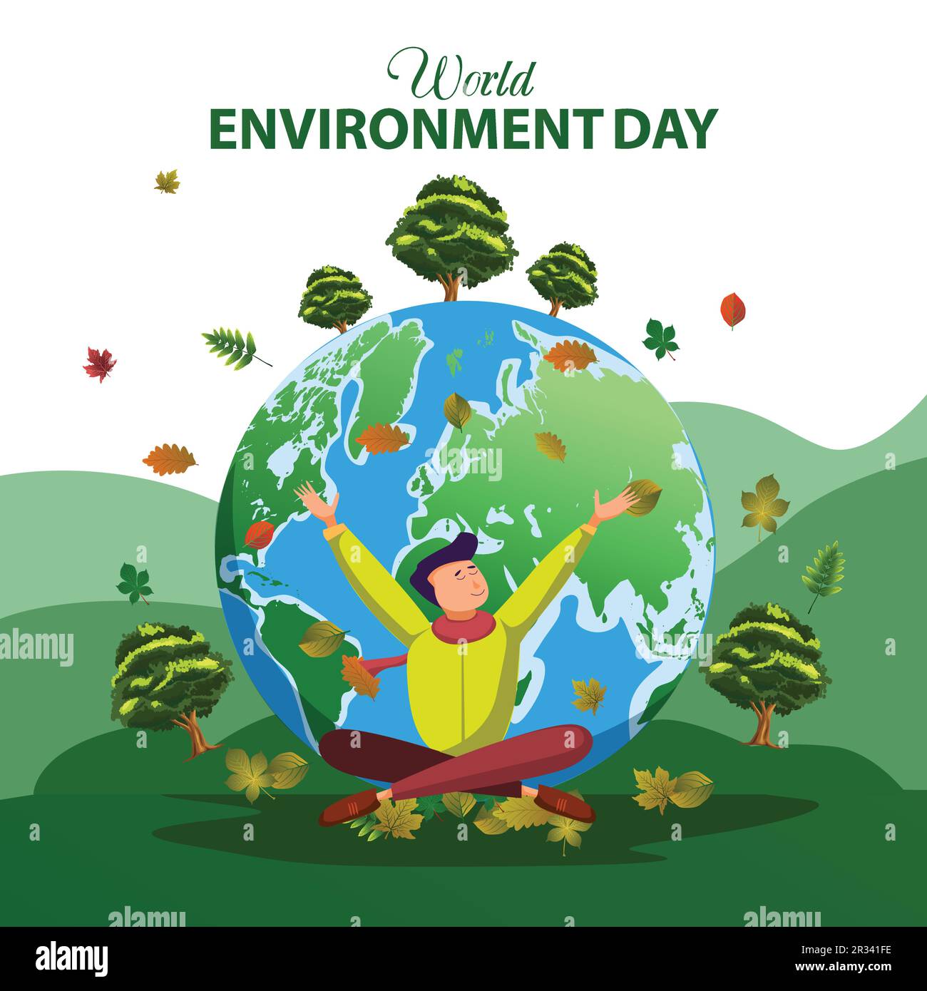 young boy with leaves. world environmental day.vector illustration ...