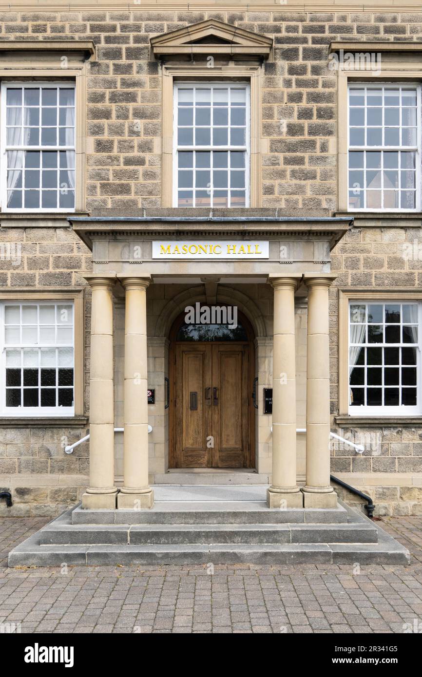 HARROGATE, UK - MAY 14, 2023. The doorway and entrance of the Masonic ...
