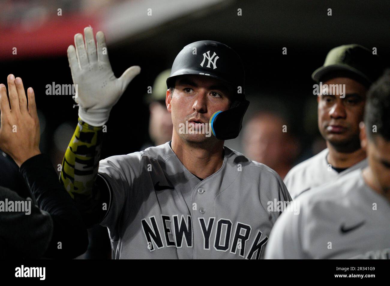 New York Yankees' Kyle Higashioka, center, celebrates with teammates ...