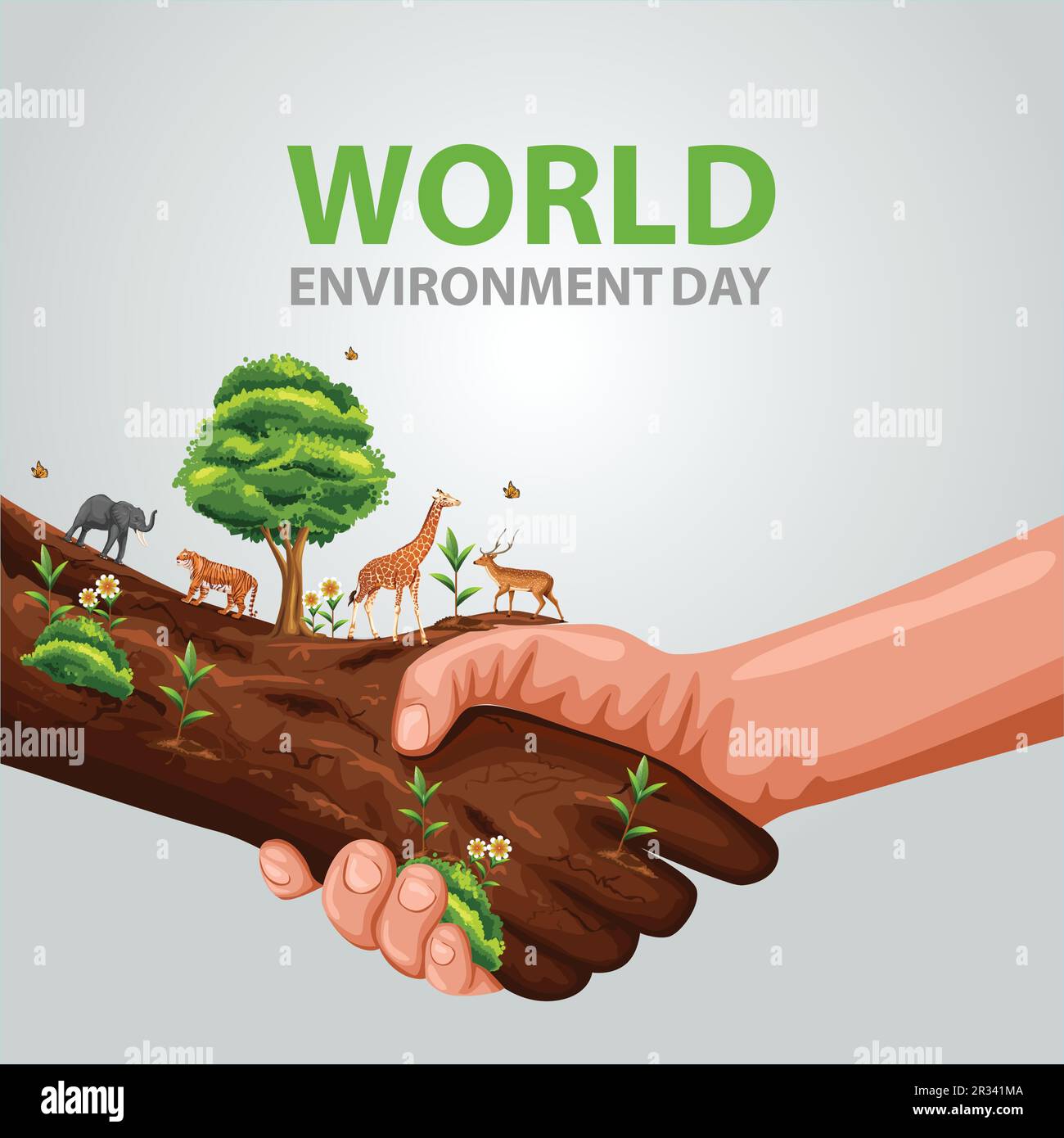 Creative design world environment and earth day shake hand with ...