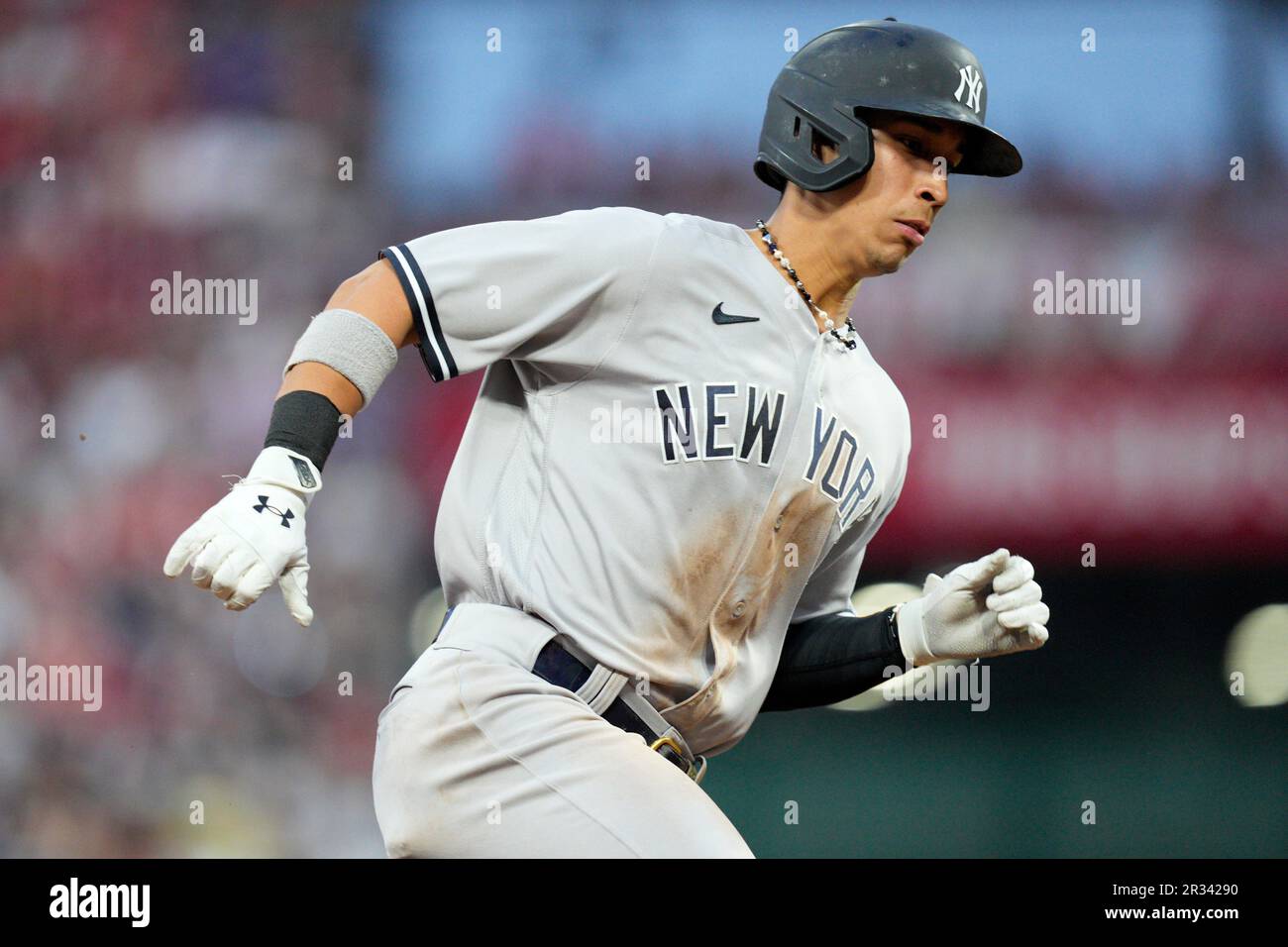 New York Yankees' Oswaldo Cabrera rounds the bases in a baseball game ...