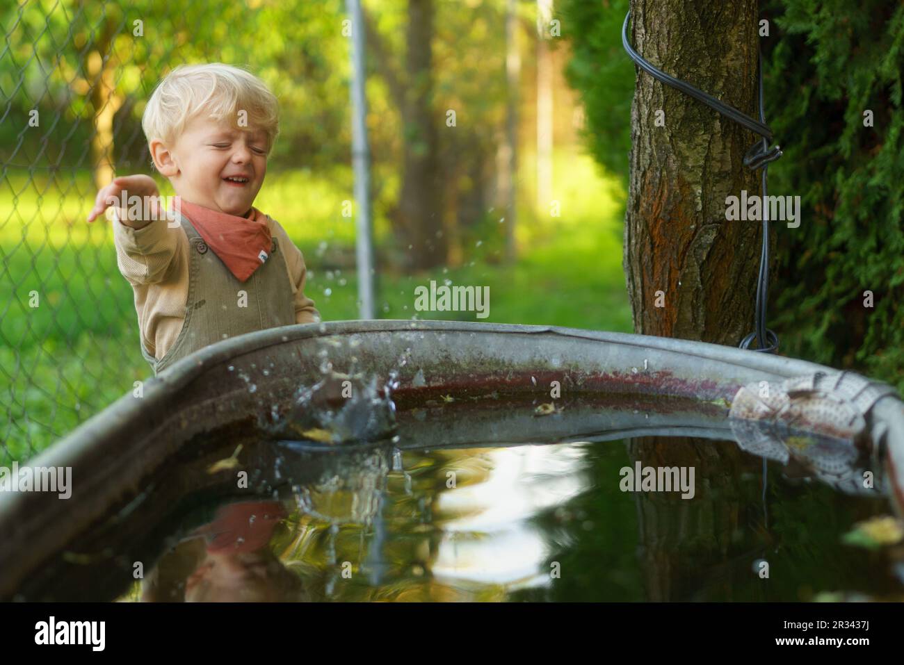 Happy little boy throwing rocks into the rainwater tank Stock Photo - Alamy