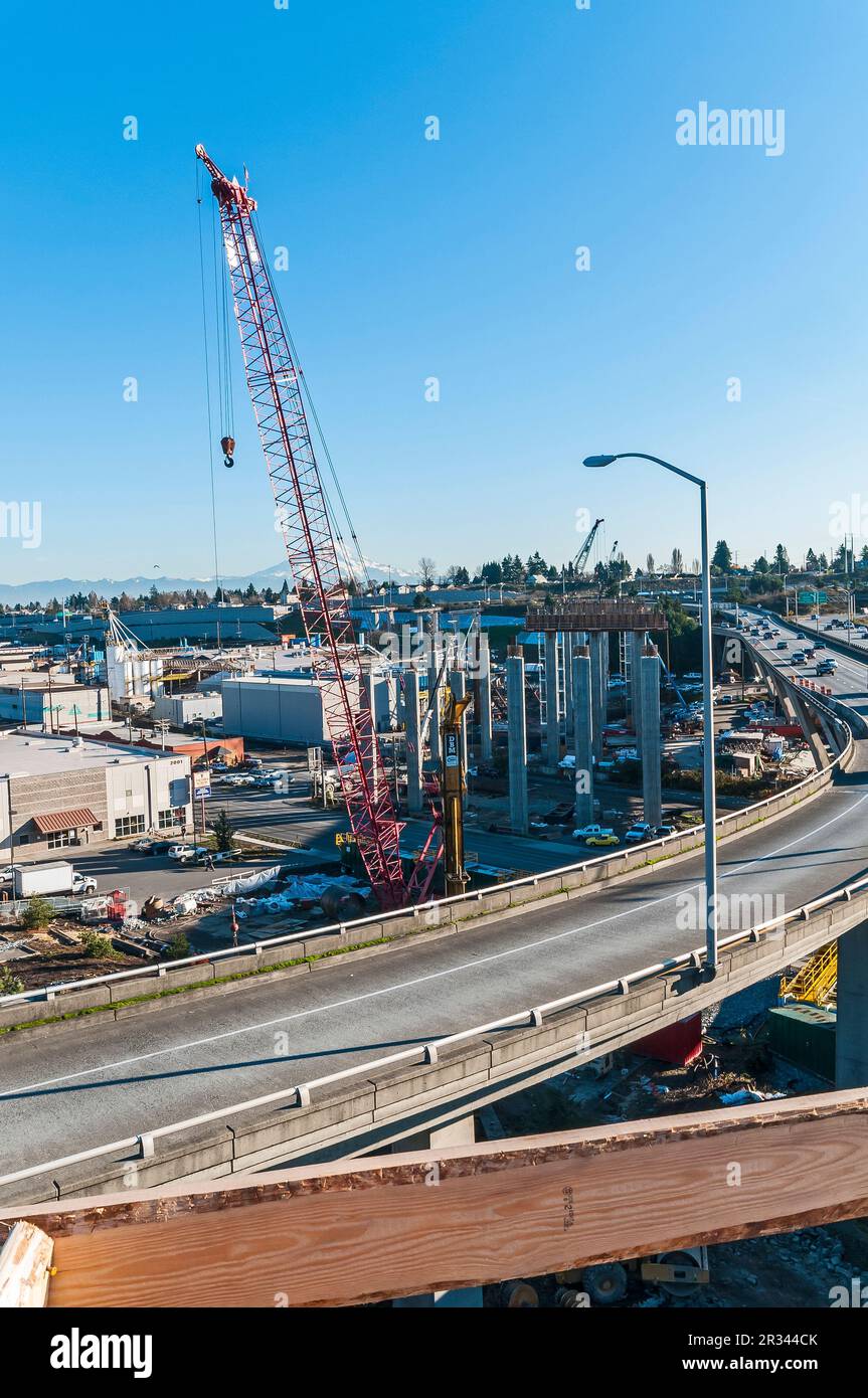 Construction site for highway ramp as seen from a man lift Stock Photo ...
