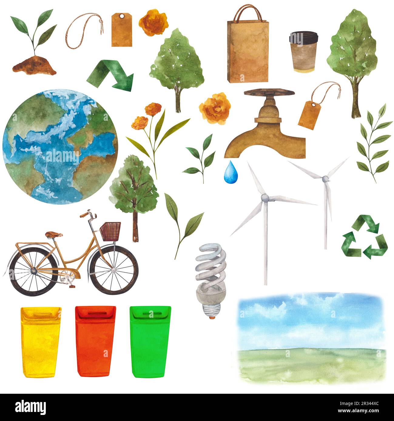 Set of watercolor illustrations of environmental problem, green energy ...