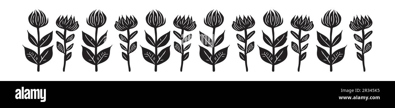 Quirky floral botanic vector border isolated on white background ...