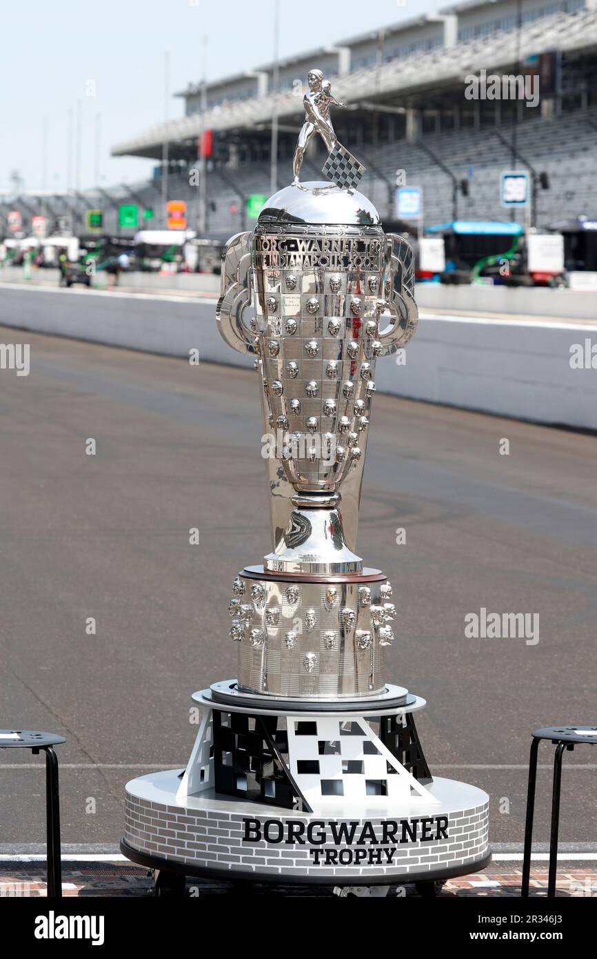 INDIANAPOLIS, IN - MAY 22: The Borg Warner Trophy is on display before ...