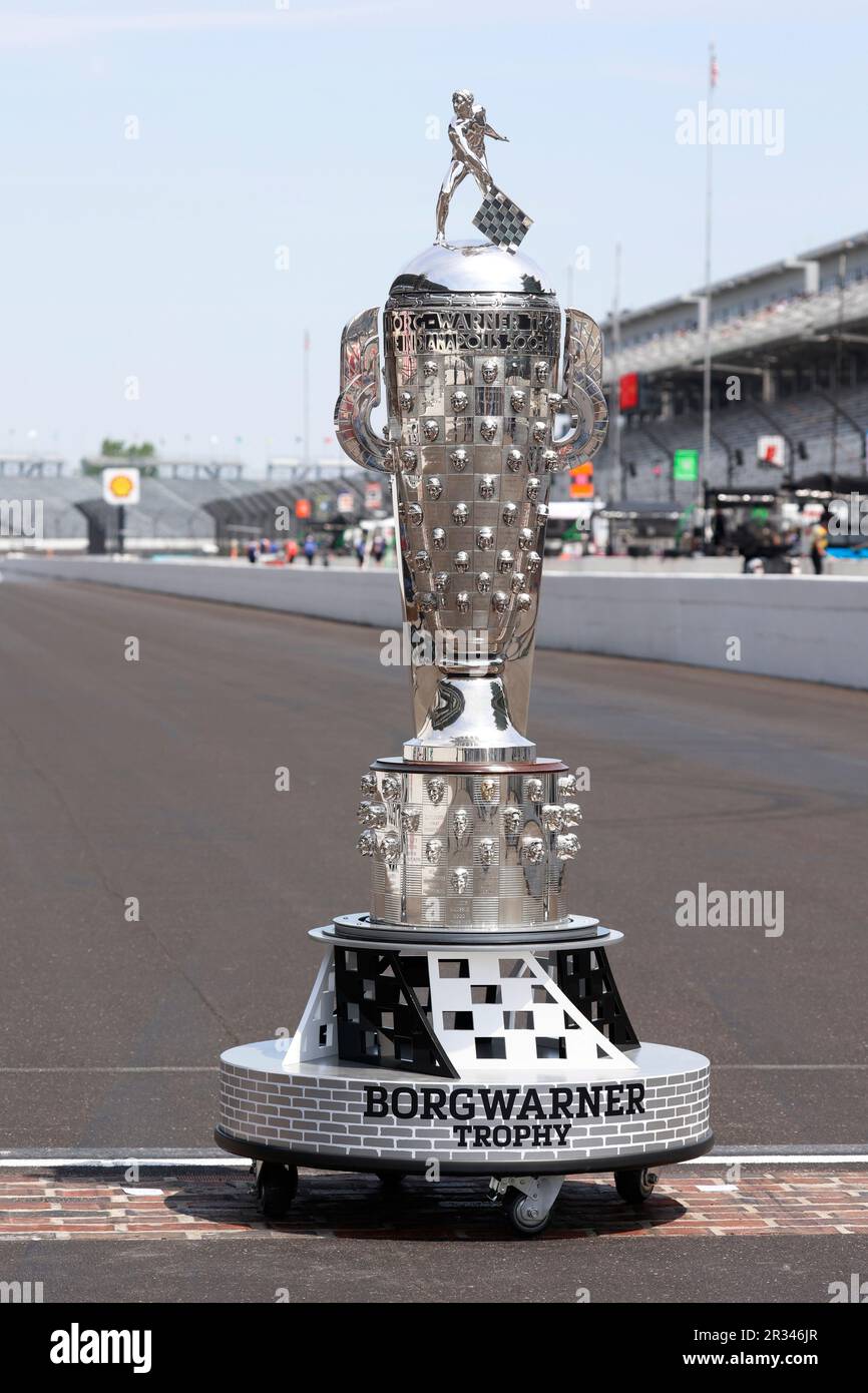 INDIANAPOLIS, IN - MAY 22: The Borg Warner Trophy is on display before ...