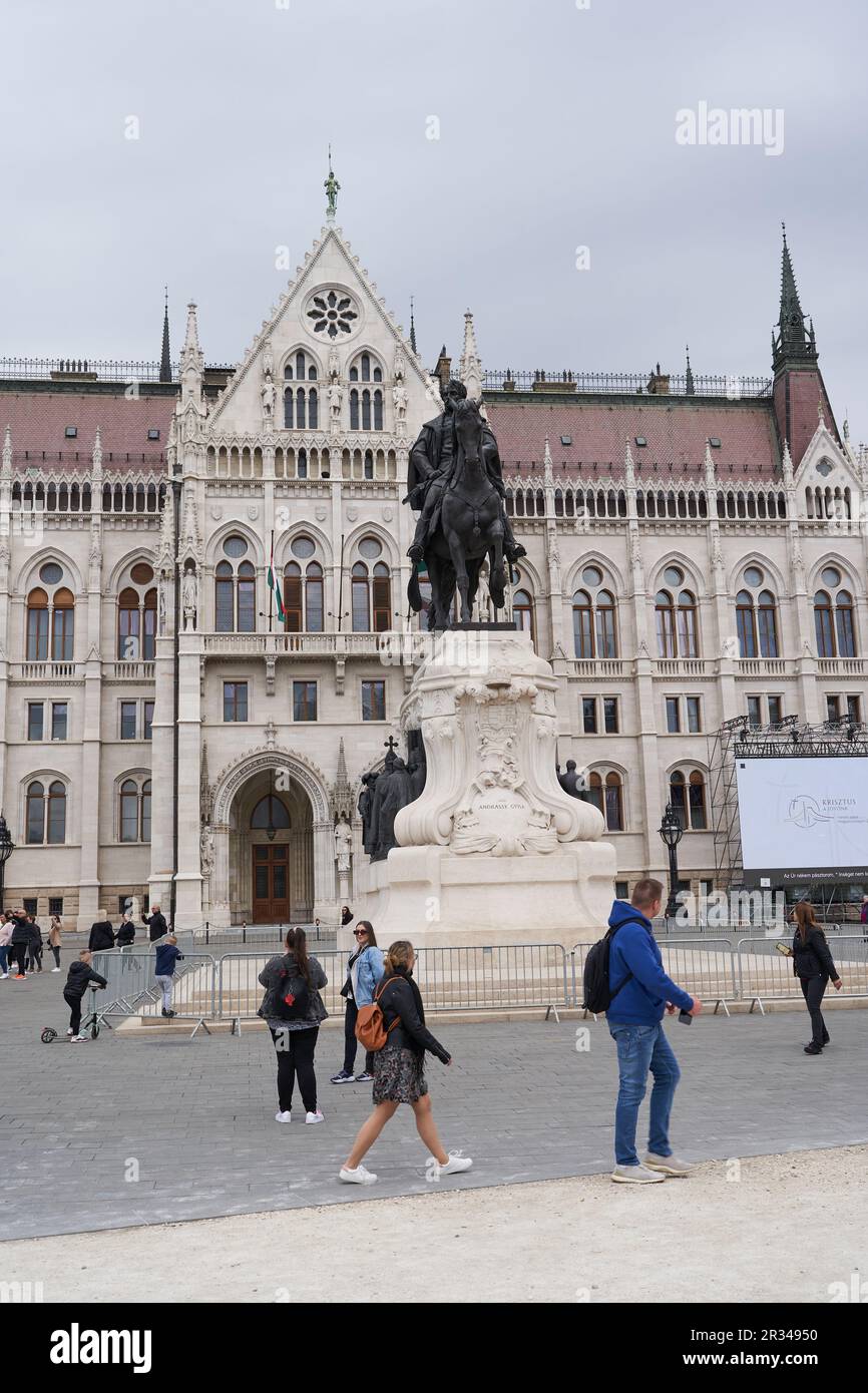 Budapest, Hungary - April 29, 2023 - majestic facade of the Hungarian Parliament building, built ...