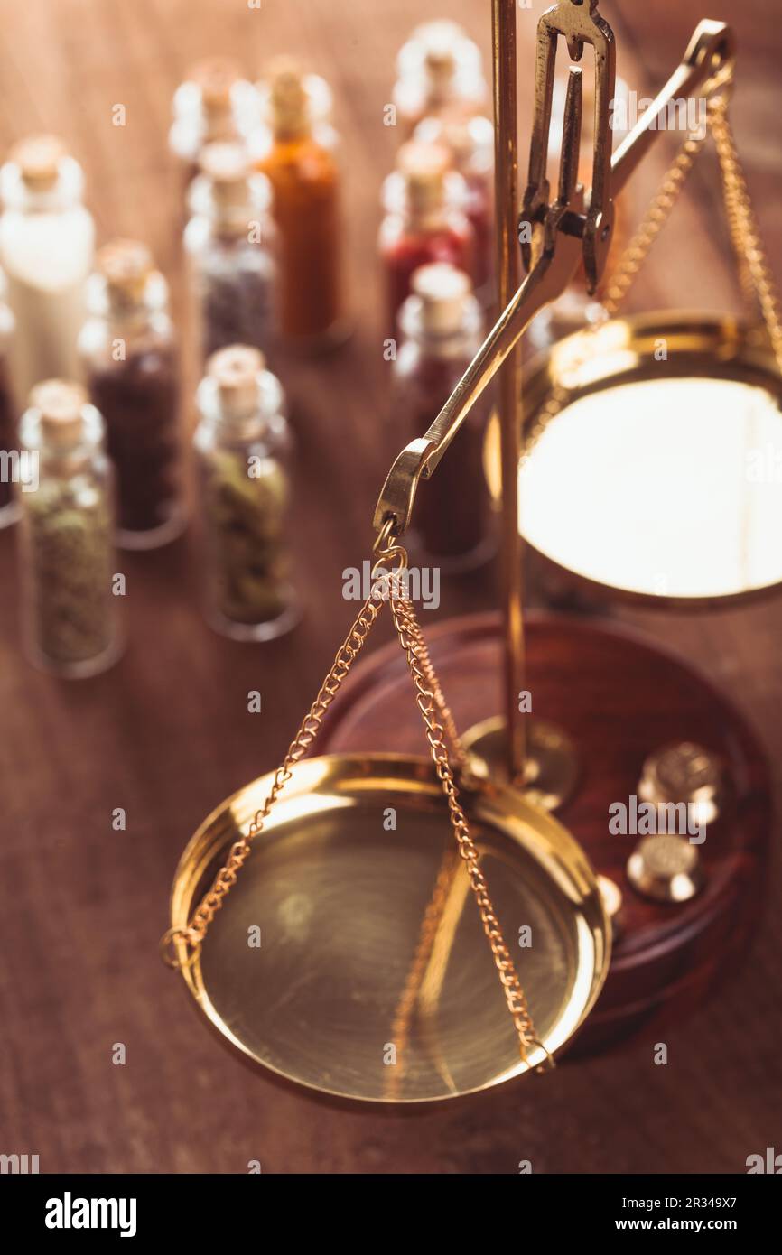 Scales and bottles Stock Photo - Alamy